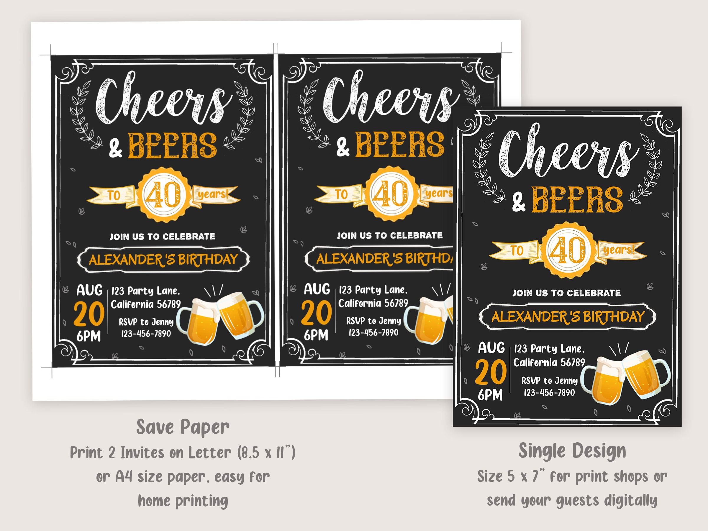 40th Cheers and Beers Birthday Invitation Chalkboard 40 Years ...