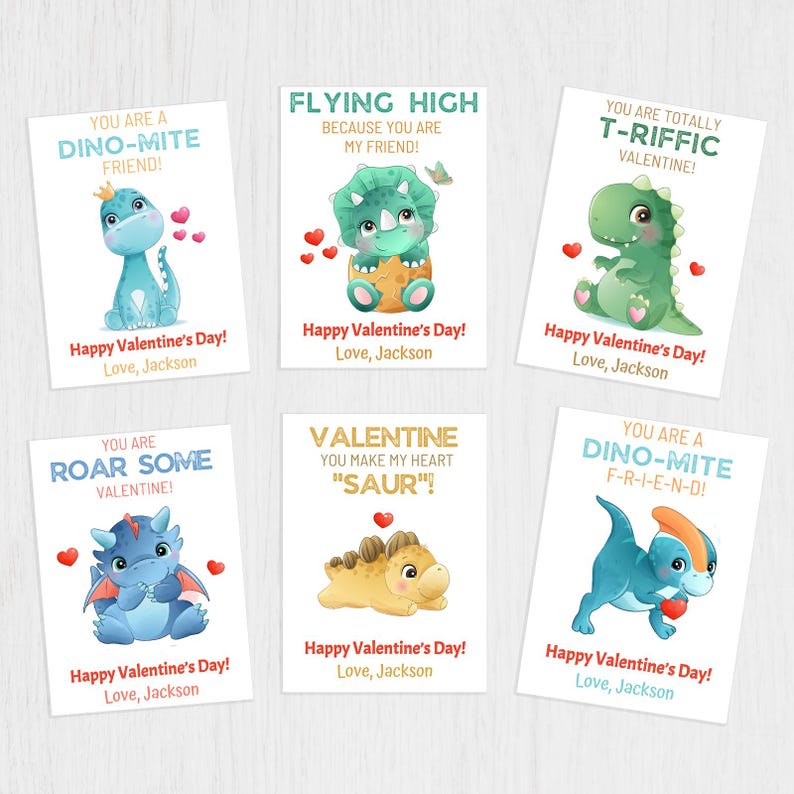 Dinosaur Valentine's Day Cards T-rex Valentines Cards Kids Classroom ...