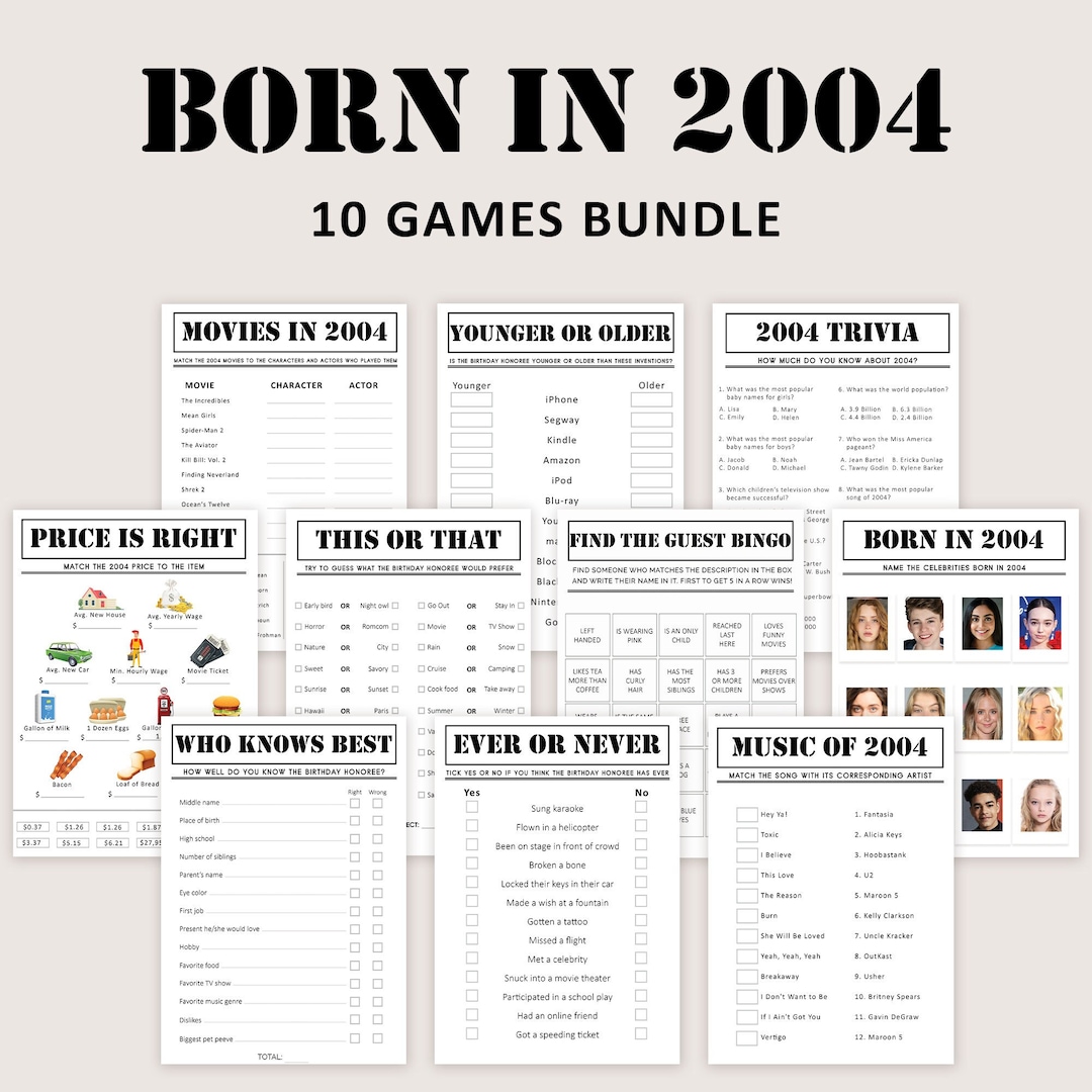21st Birthday Games Bundle 21st Birthday Party Games 2004 Trivia Born ...