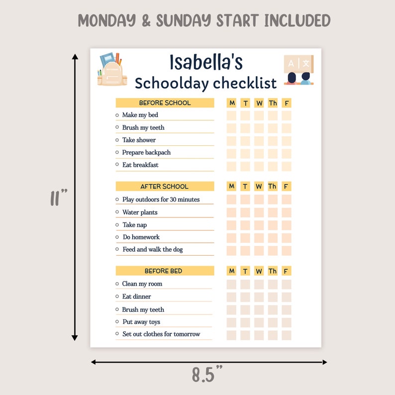 Schoolday Routine Checklist Kids Before School After School Chore Chart ...