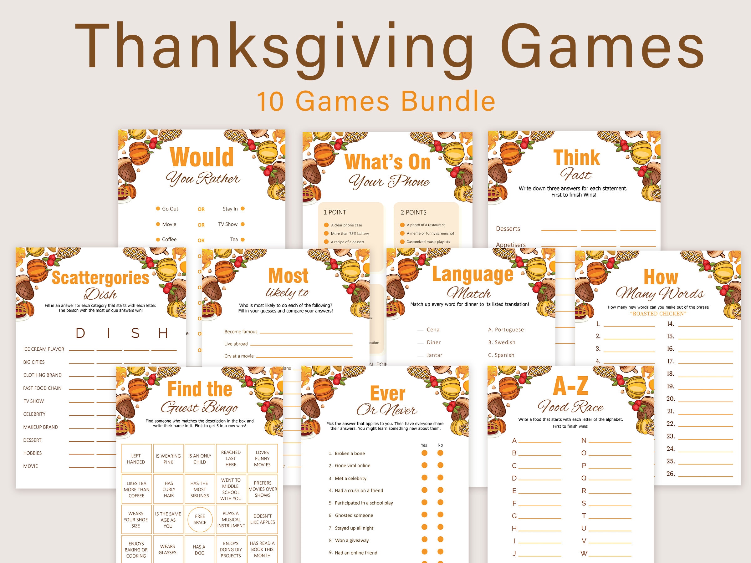 Thanksgiving Games Bundle Thanksgiving Day Dinner Party Games Family ...