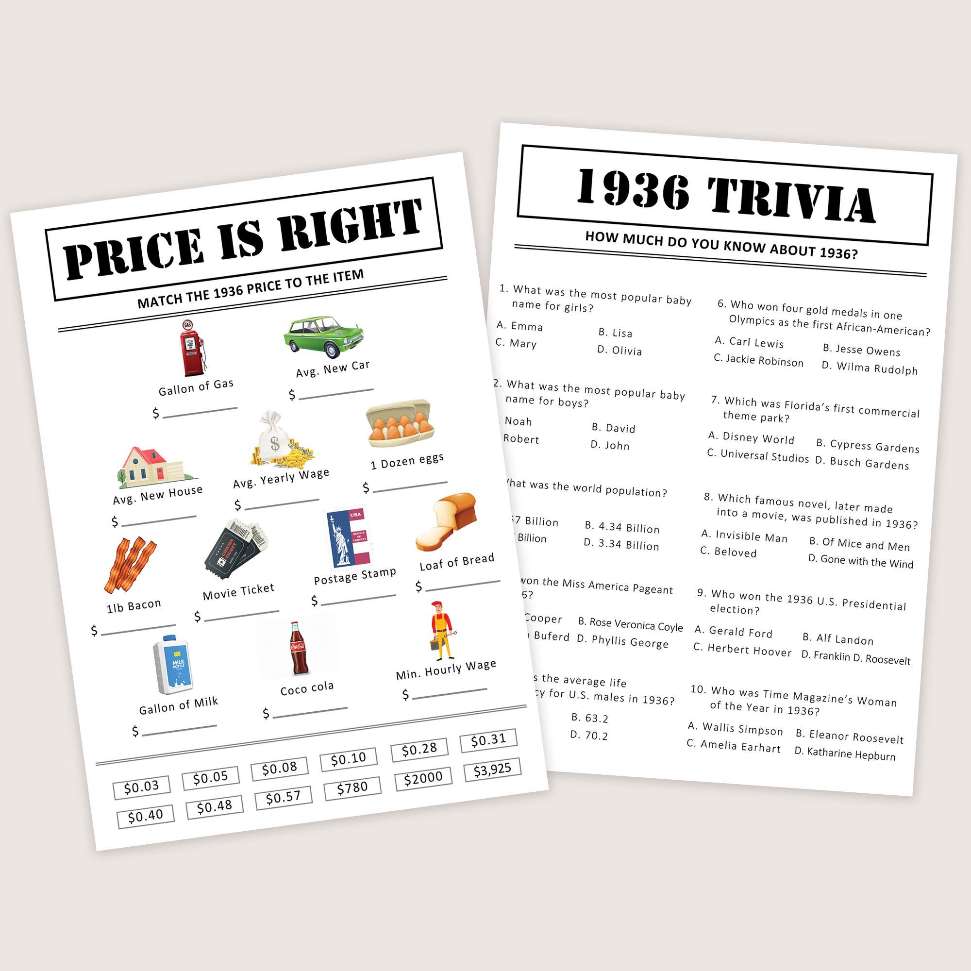 90th Birthday Games Bundle 90th Birthday Party Game 1936 Trivia Born in ...
