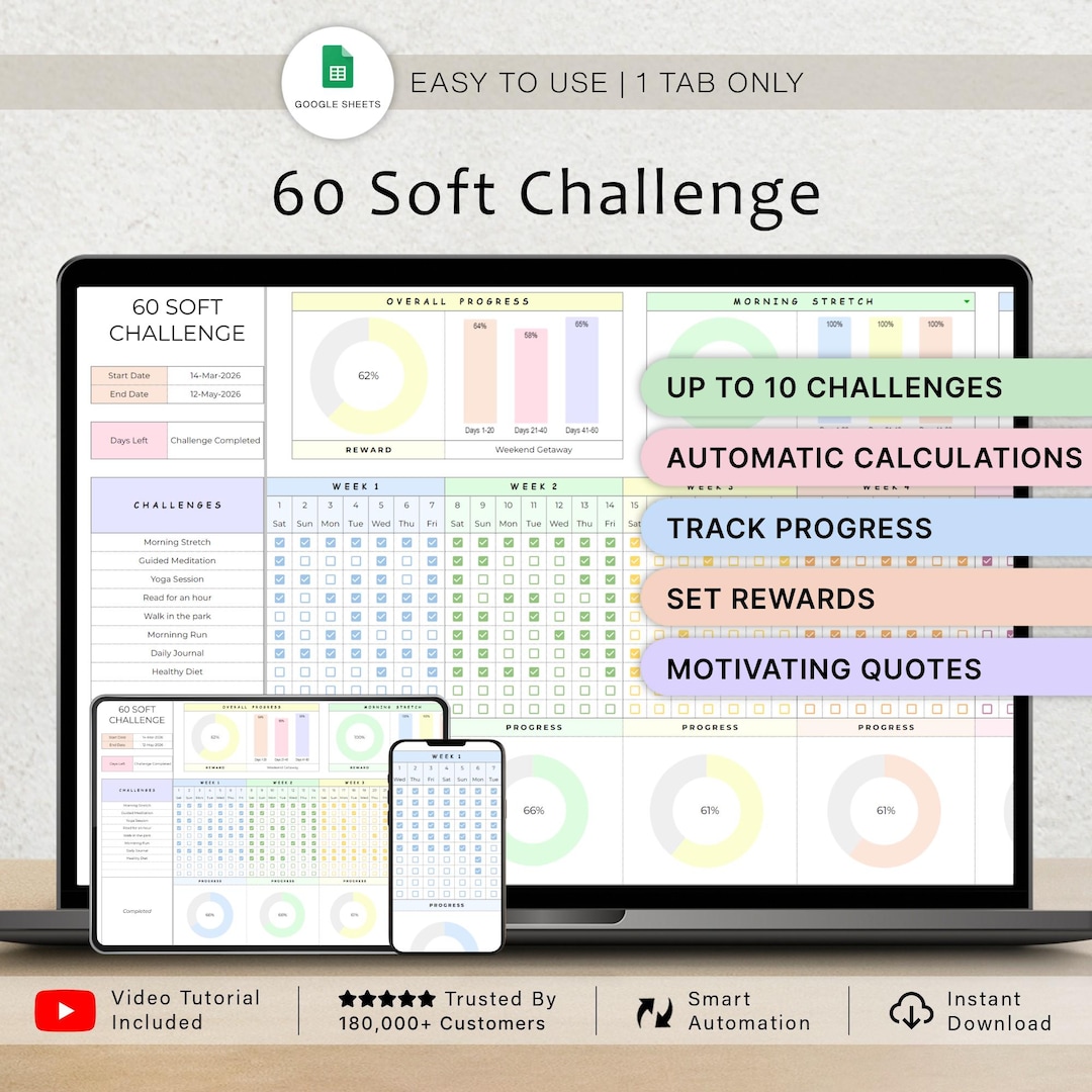 60 Soft Challenge Tracker 60 Days Challenge Spreadsheet Fitness ...