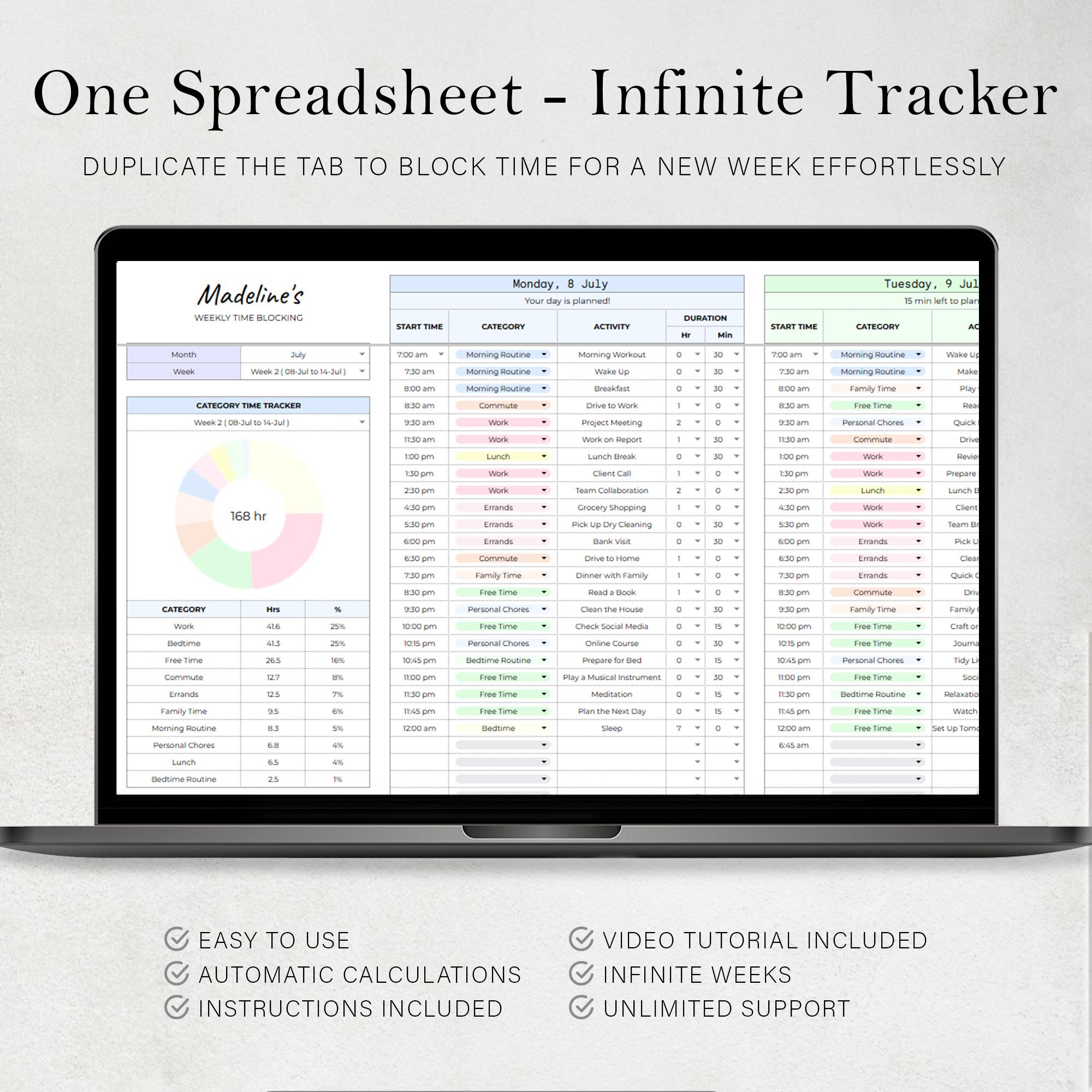 Weekly Time Blocking Planner Spreadsheet 24 Hour Weekly Schedule ...