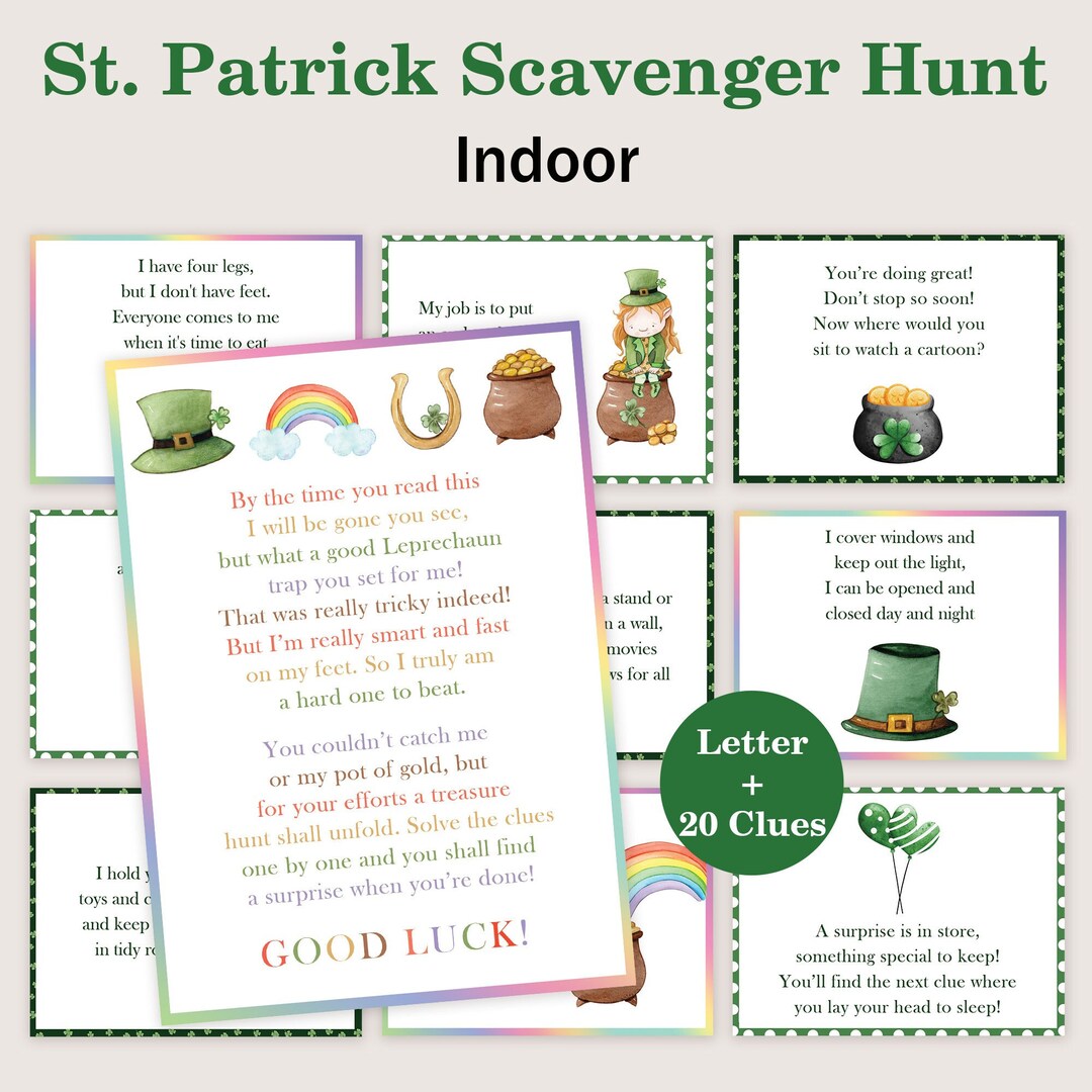 St Patricks Day Scavenger Hunt for Kids Leprechaun Indoor Treasure Hunt ...
