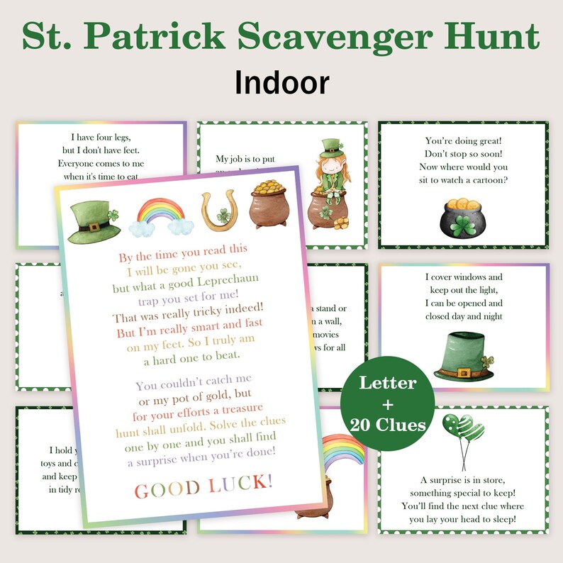 St Patricks Day Scavenger Hunt for Kids Leprechaun Indoor Treasure Hunt ...