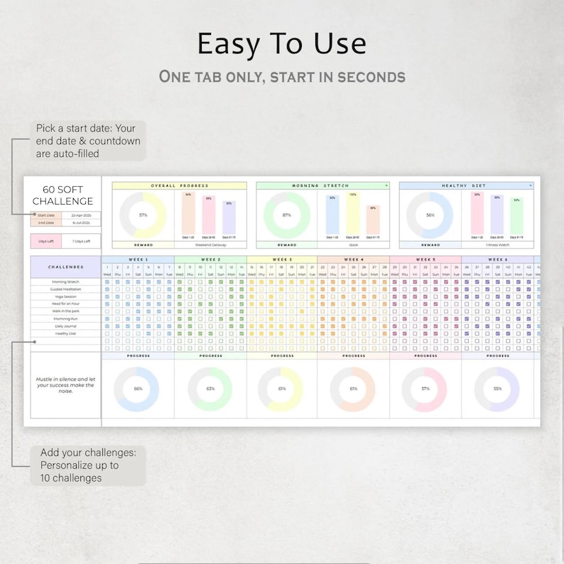 60 Soft Challenge Tracker 60 Days Challenge Spreadsheet Fitness ...