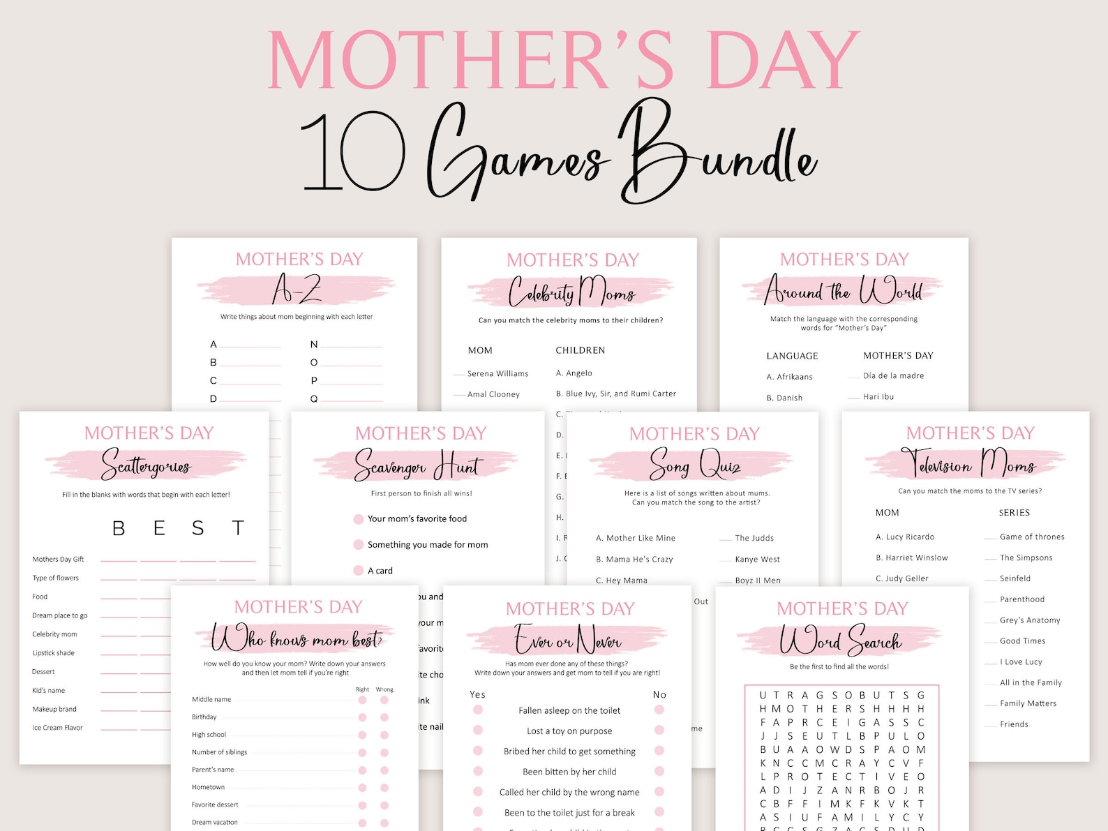 Mothers Day Game Bundle Mothers Day Party Game Mother Day Brunch Ideas ...