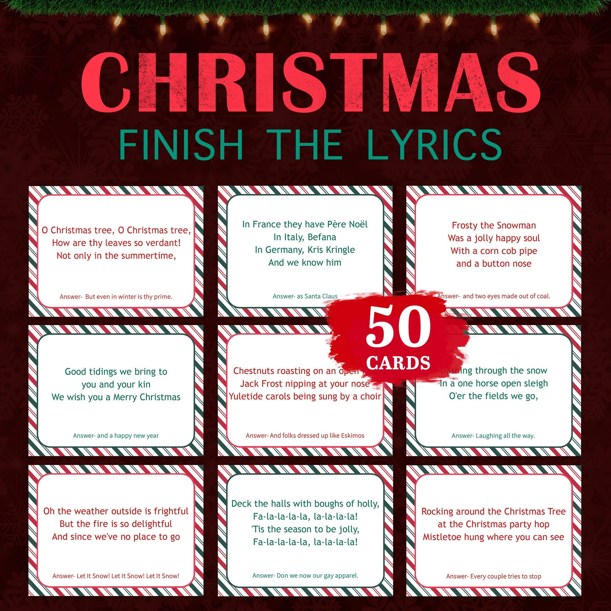 Christmas Carol Finish the Lyric Game Christmas Games Holiday Finish ...