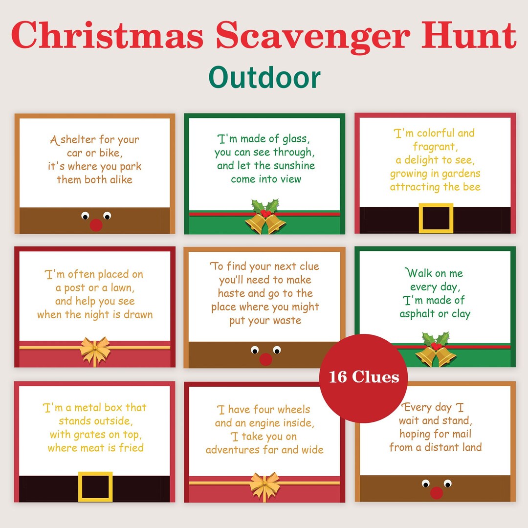 Christmas Scavenger Hunt for Kids Holiday Outdoor Treasure Hunt Clues ...