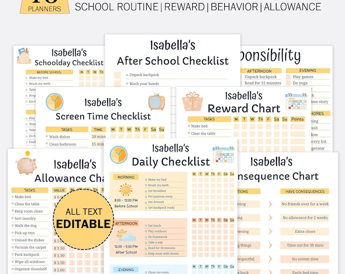 Chore Charts for Kids Editable Responsibility Chart School Routine ...