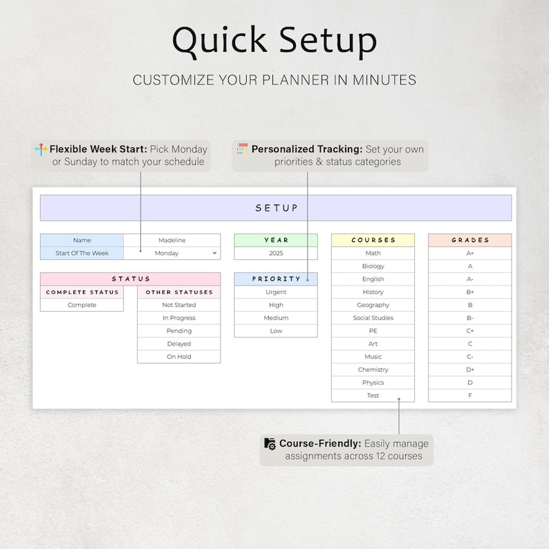 Assignment Tracker Spreadsheet Student Planner Template Academic Study ...