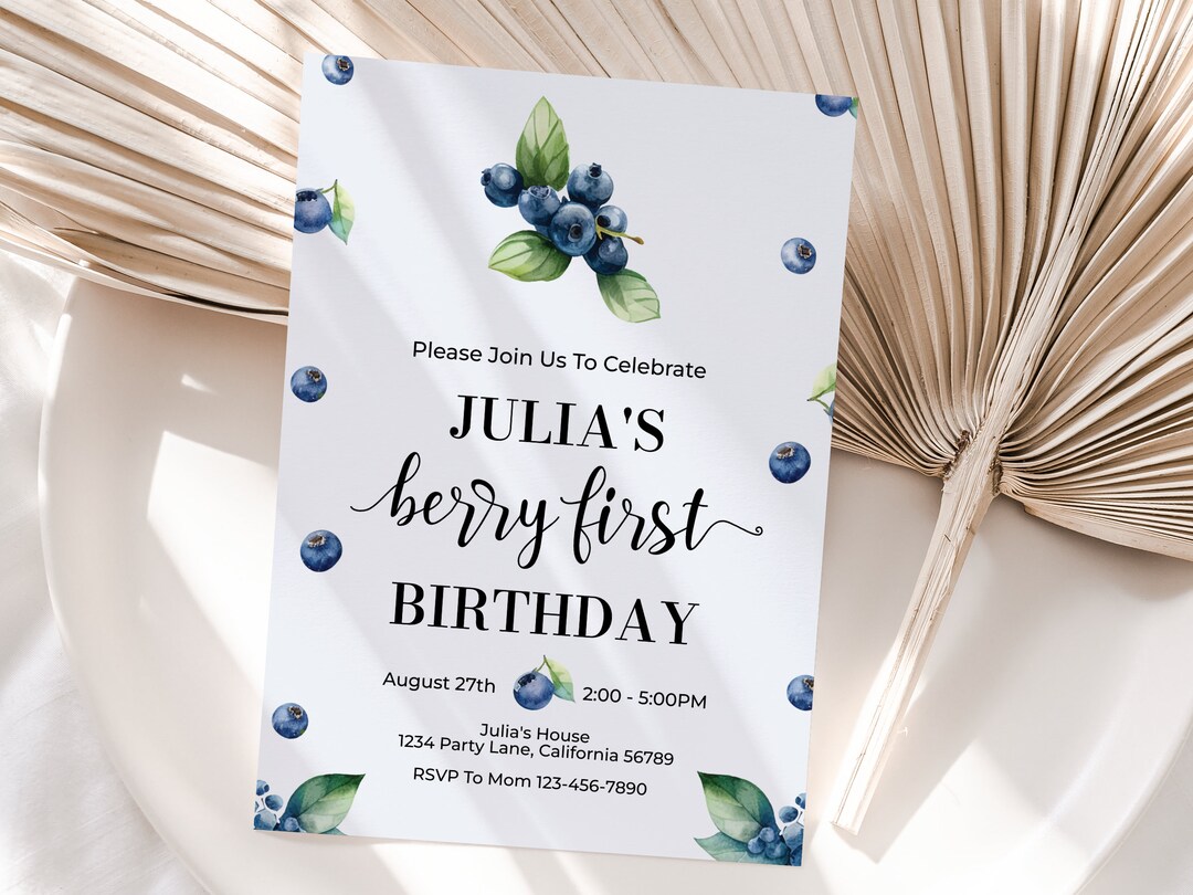 Blueberry Birthday Invitation Berry First Invitation Blueberry Birthday ...