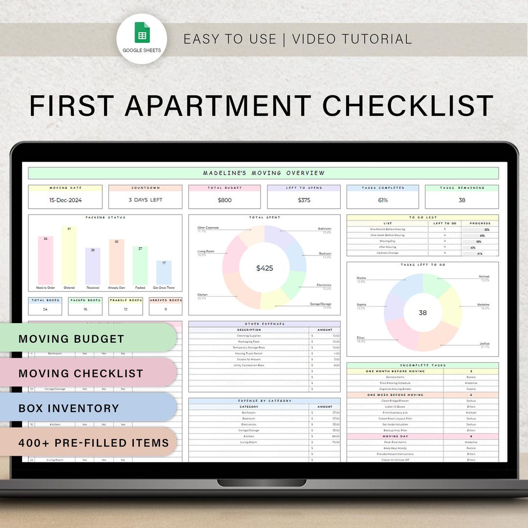First Apartment Checklist Spreadsheet Moving Checklist Moving Planner Template Packing List ...