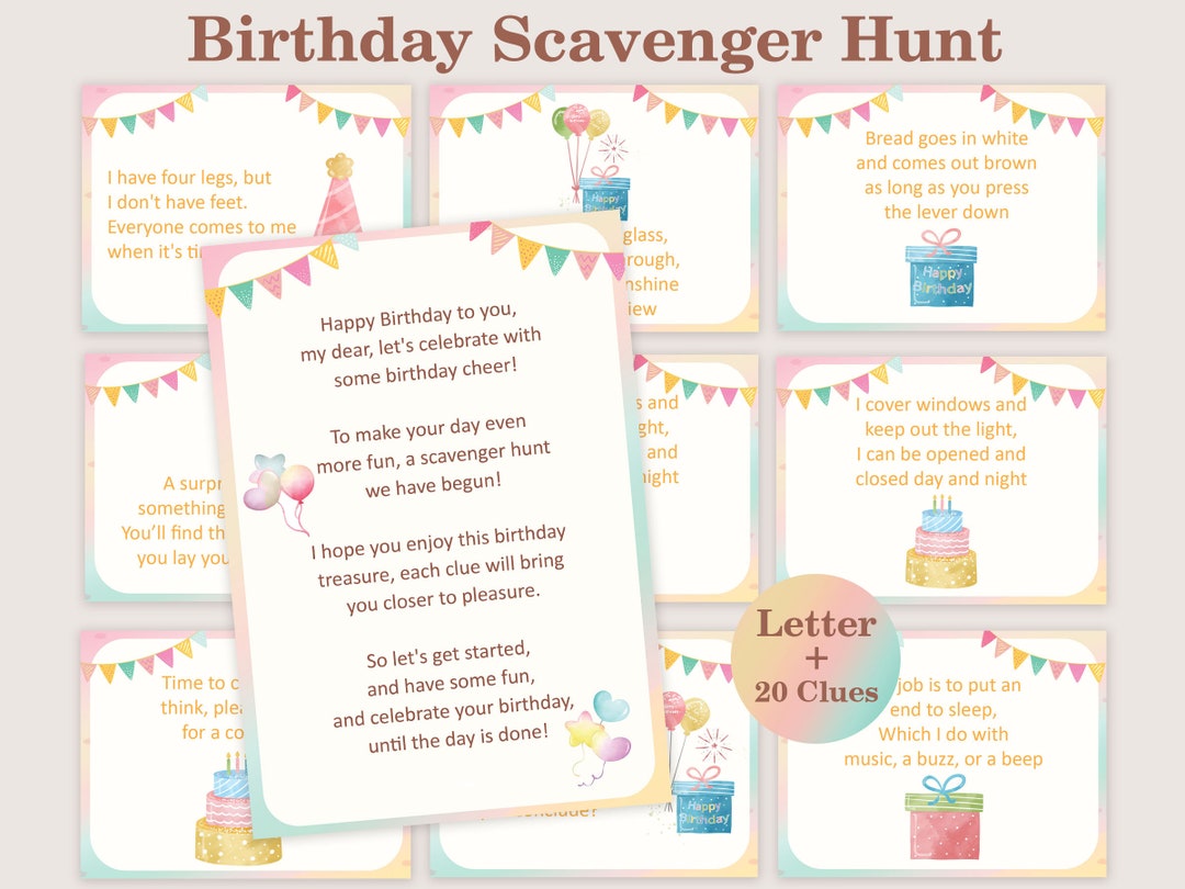 Birthday Scavenger Hunt for Kids Indoor Birthday Treasure Hunt Clues ...