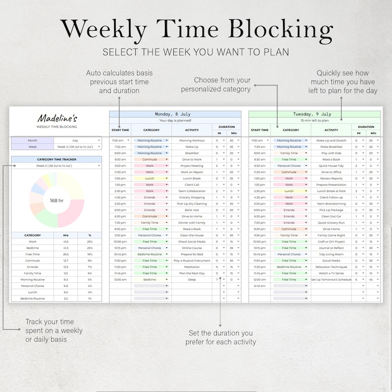 Weekly Time Blocking Planner Spreadsheet 24 Hour Weekly Schedule ...
