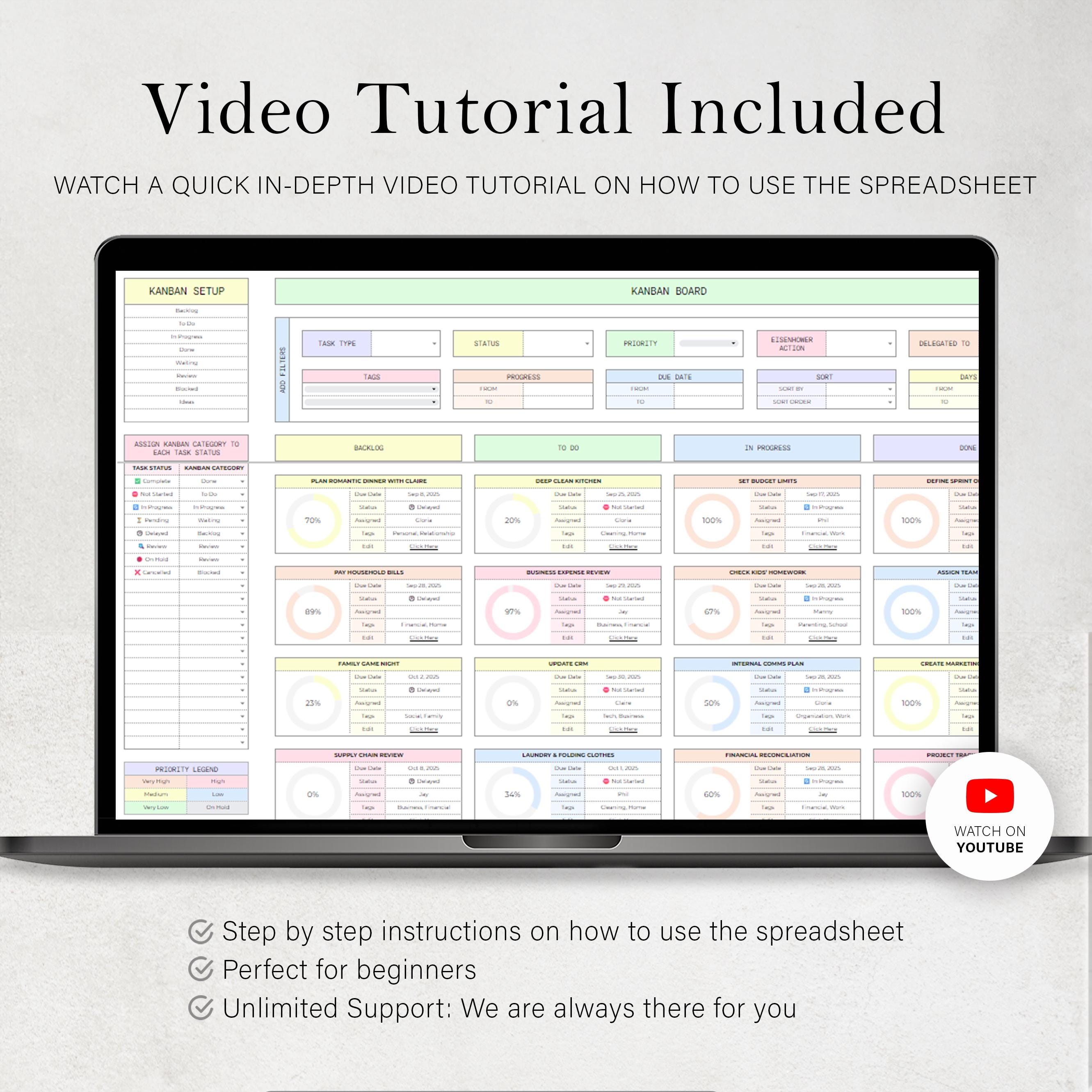 Kanban Board Spreadsheet Task Tracker Template Project Management Team ...