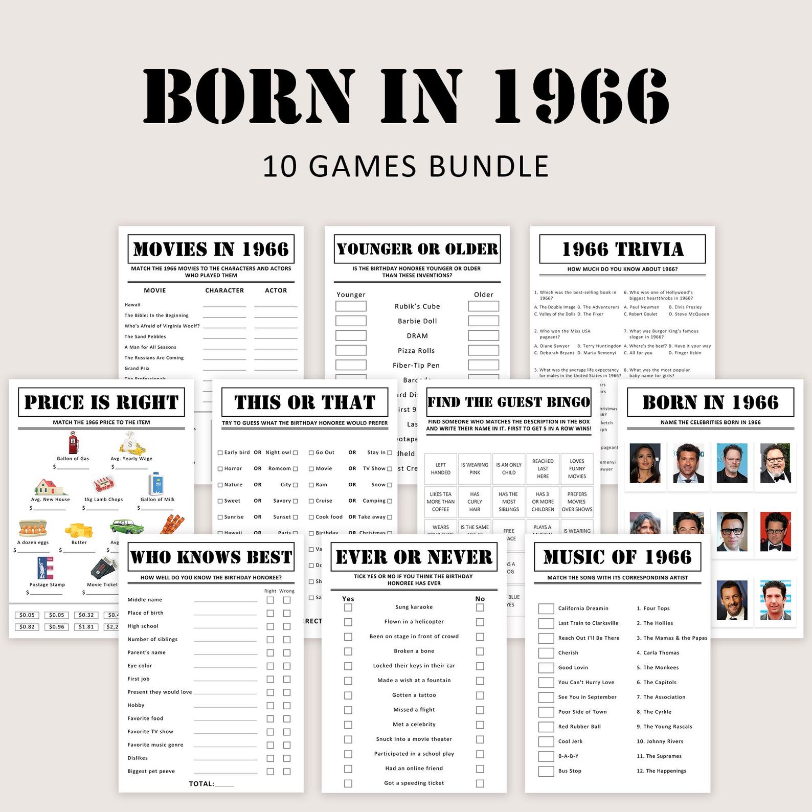 60th Birthday Games Bundle 60th Birthday Party Game 1966 Trivia Born in ...