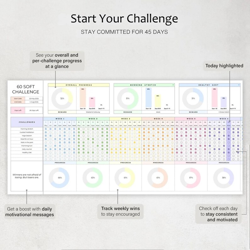 60 Soft Challenge Tracker 60 Days Challenge Spreadsheet Fitness ...