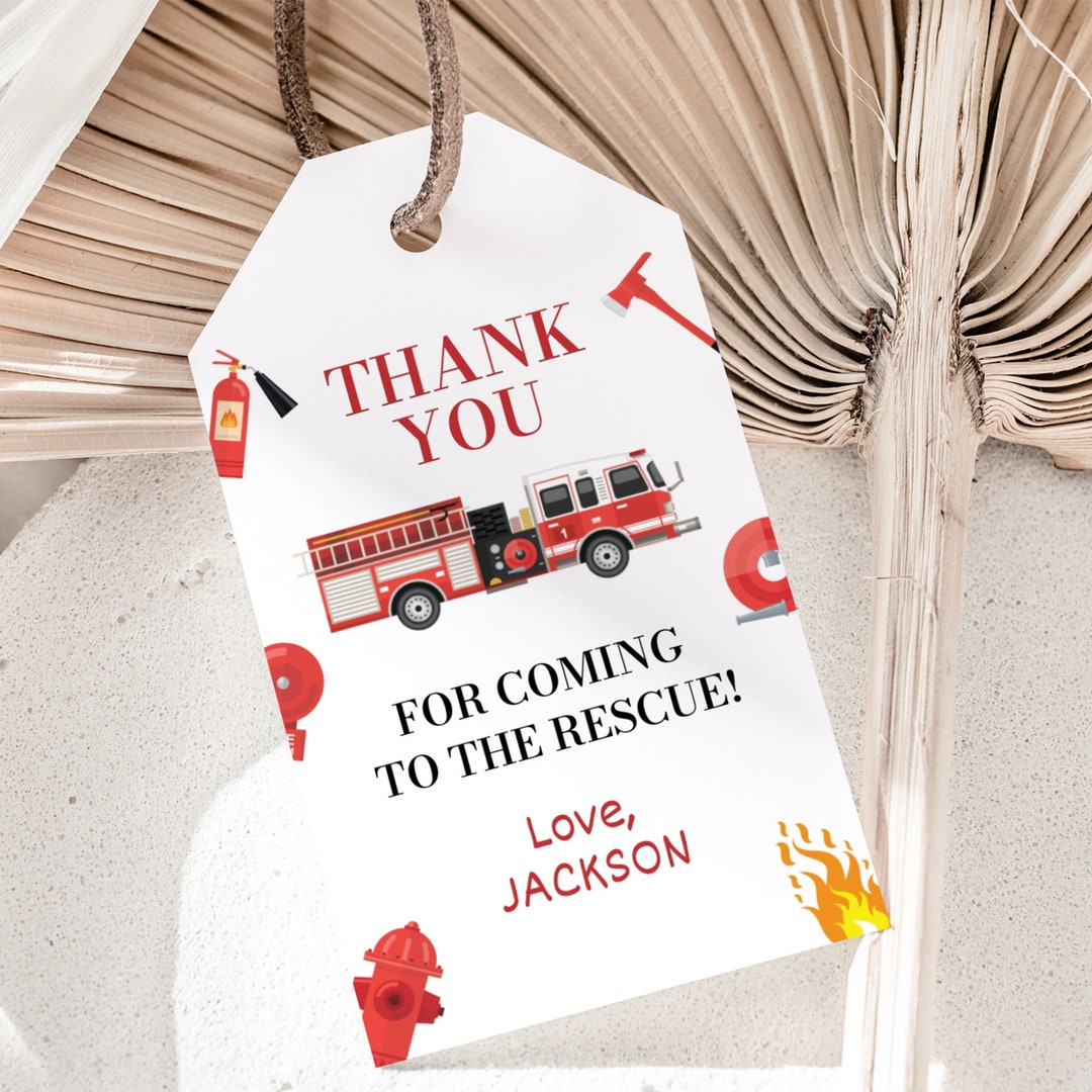 Firetruck Thank You Tags Fireman Party Favors Fire Fighter Favor Tags ...