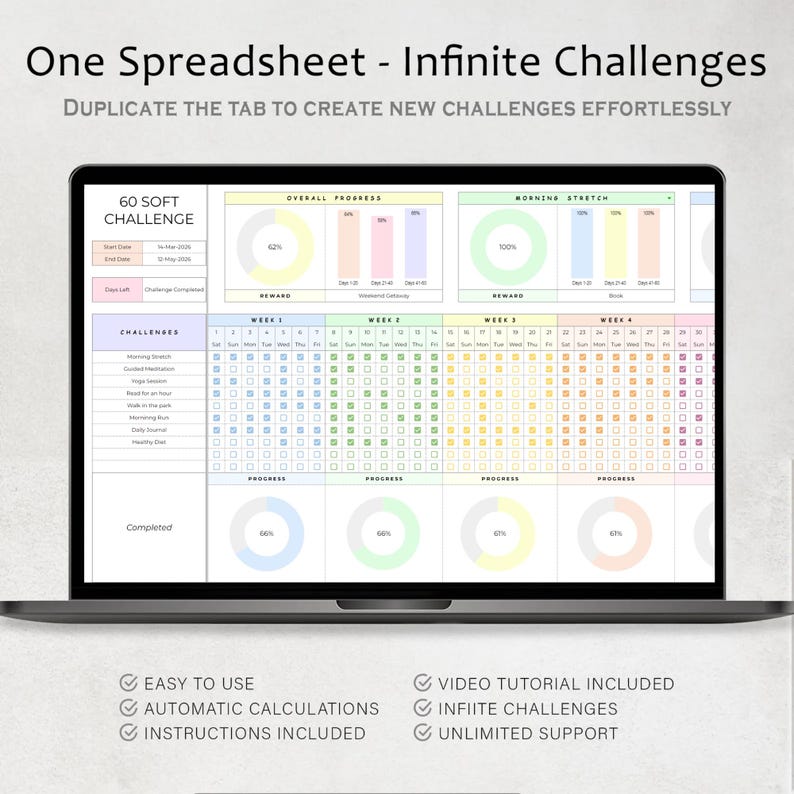 60 Soft Challenge Tracker 60 Days Challenge Spreadsheet Fitness ...