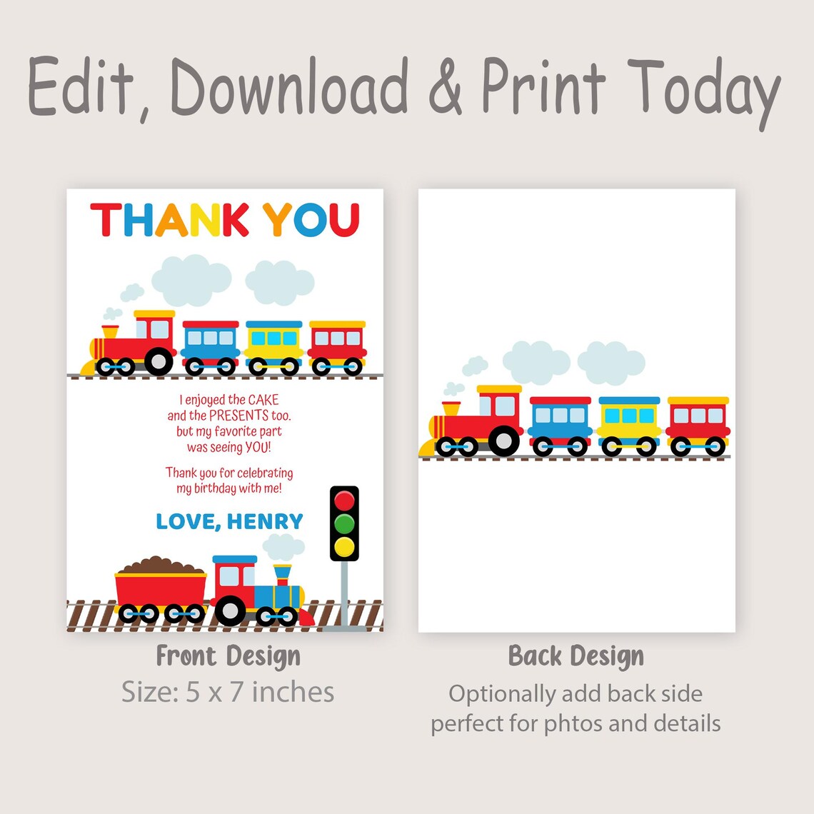 Train Thank You Card Train Thank You Note Chugga Chugga Two Two Thank ...
