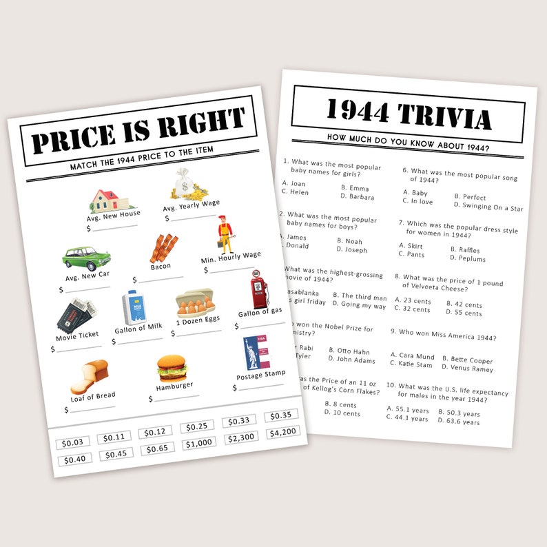 80th Birthday Games Bundle 80th Birthday Party Games 1944 Trivia Born ...