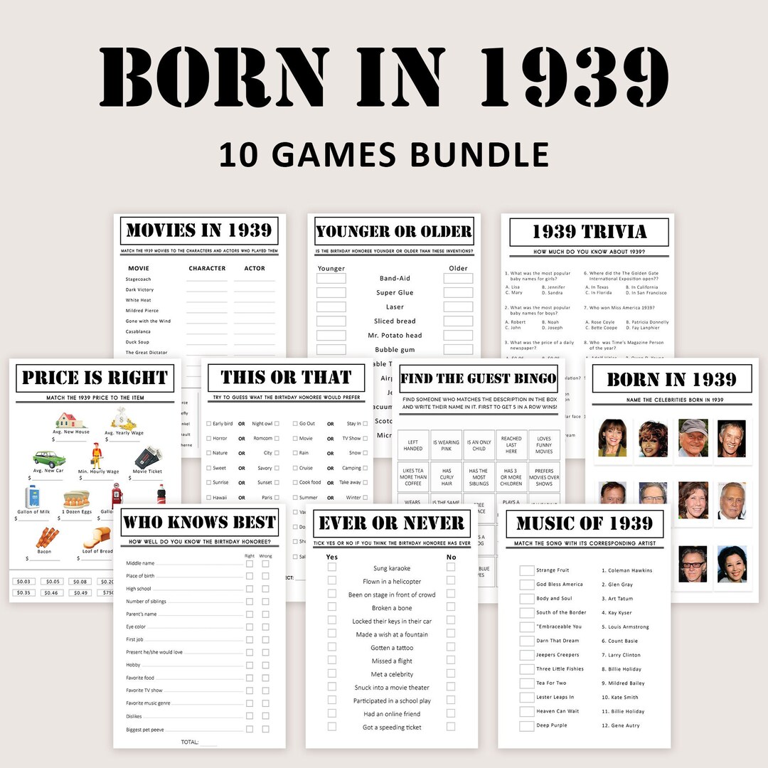 85th Birthday Games Bundle 85th Birthday Party Games 1939 Trivia Born ...