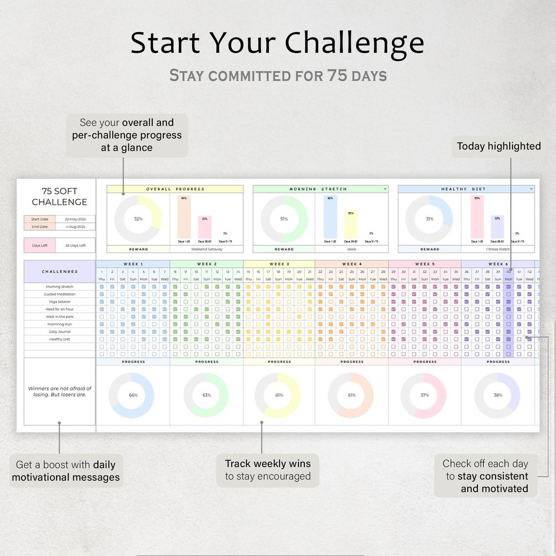 75 Soft Challenge Spreadsheet Fitness Tracker Template 75 Easy ...