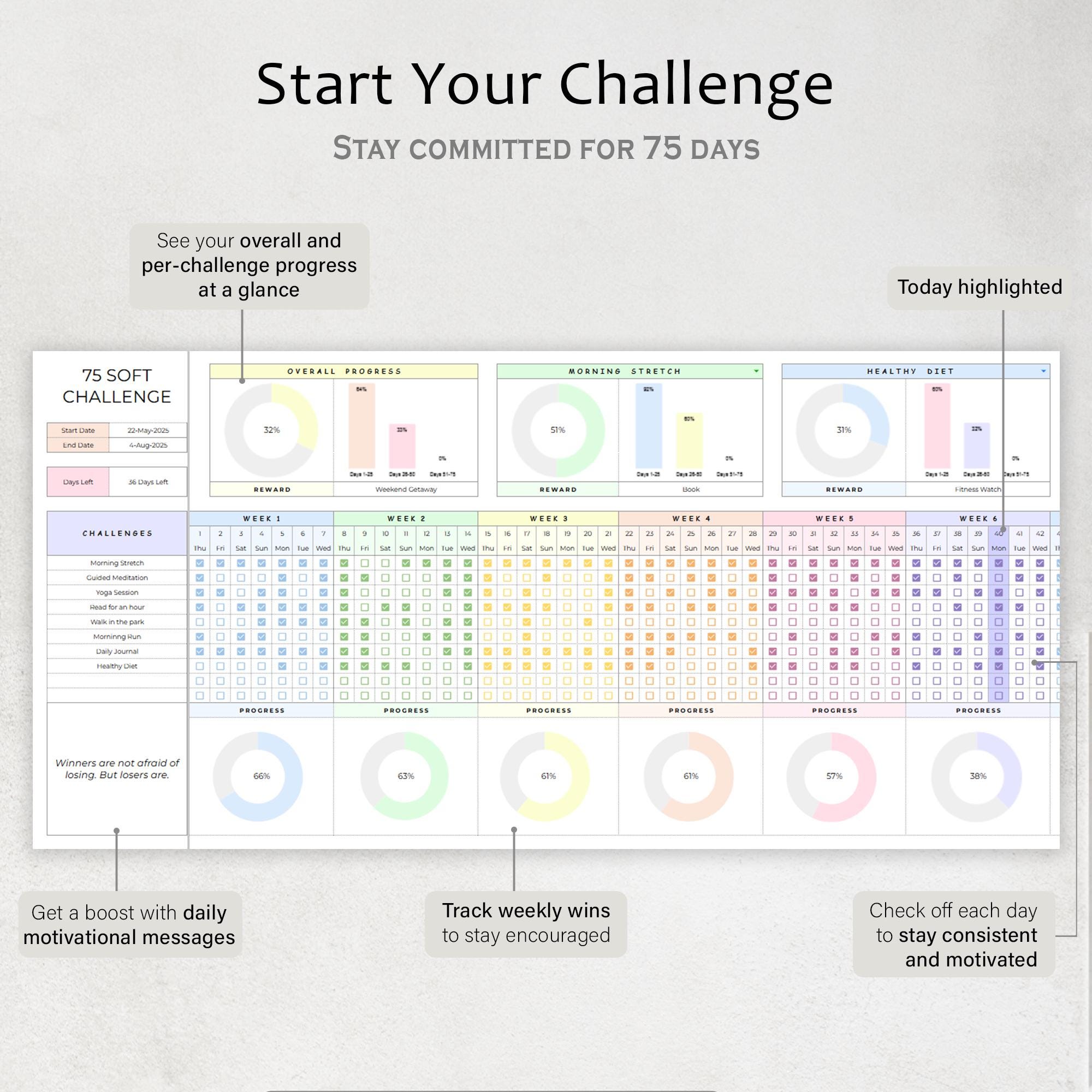 75 Soft Challenge Spreadsheet Fitness Tracker Template 75 Easy ...