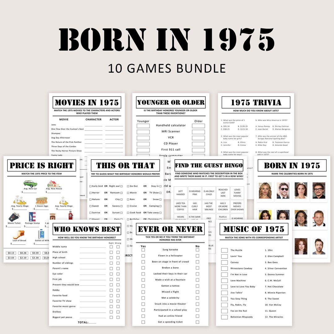 50th Birthday Games Bundle 50th Birthday Party Games 1975 Trivia Born ...