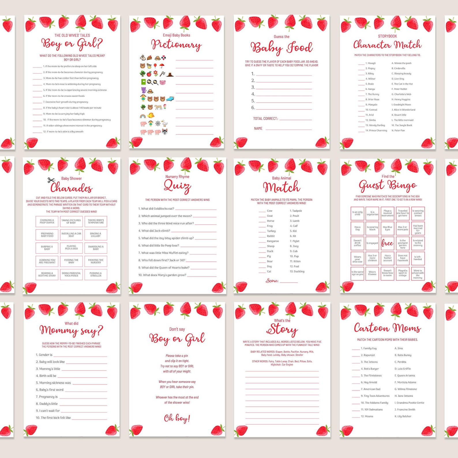 Strawberry Baby Shower Games Bundle Straw Berry Party Activity Berries ...