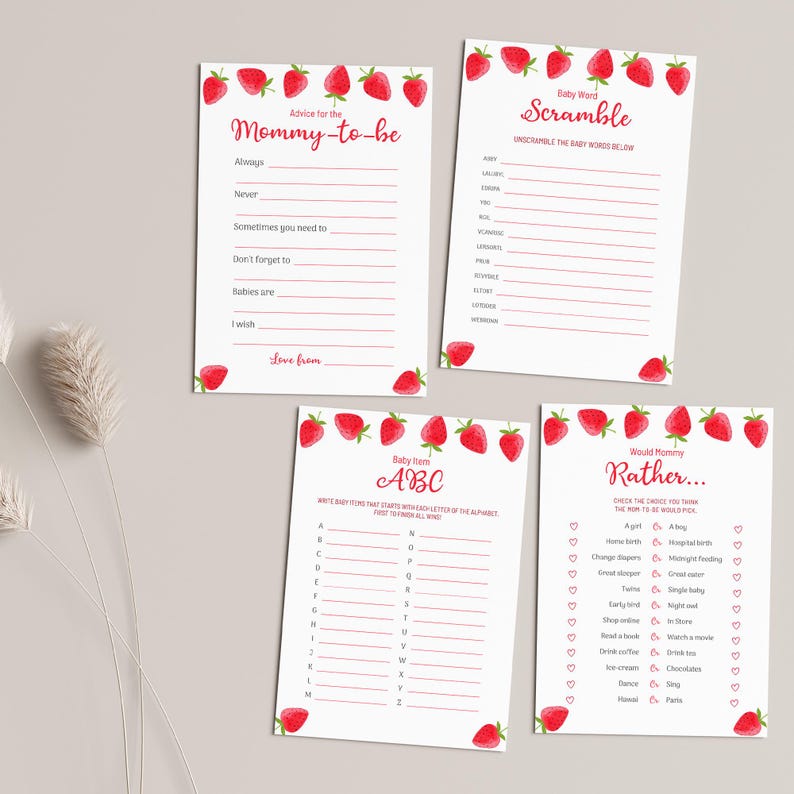 Strawberry Baby Shower Games Bundle Straw Berry Party Activity Berries ...