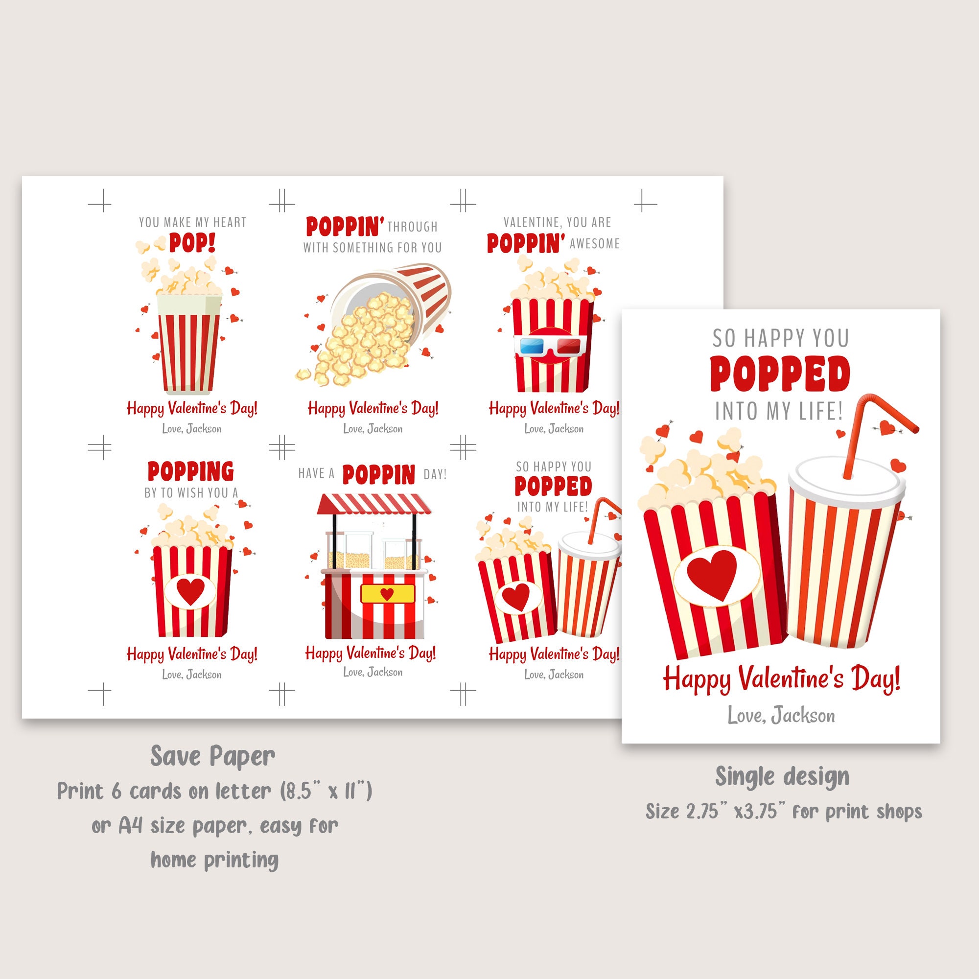 Popcorn Valentine's Day Cards for Kids School Valentines Cards Movie ...