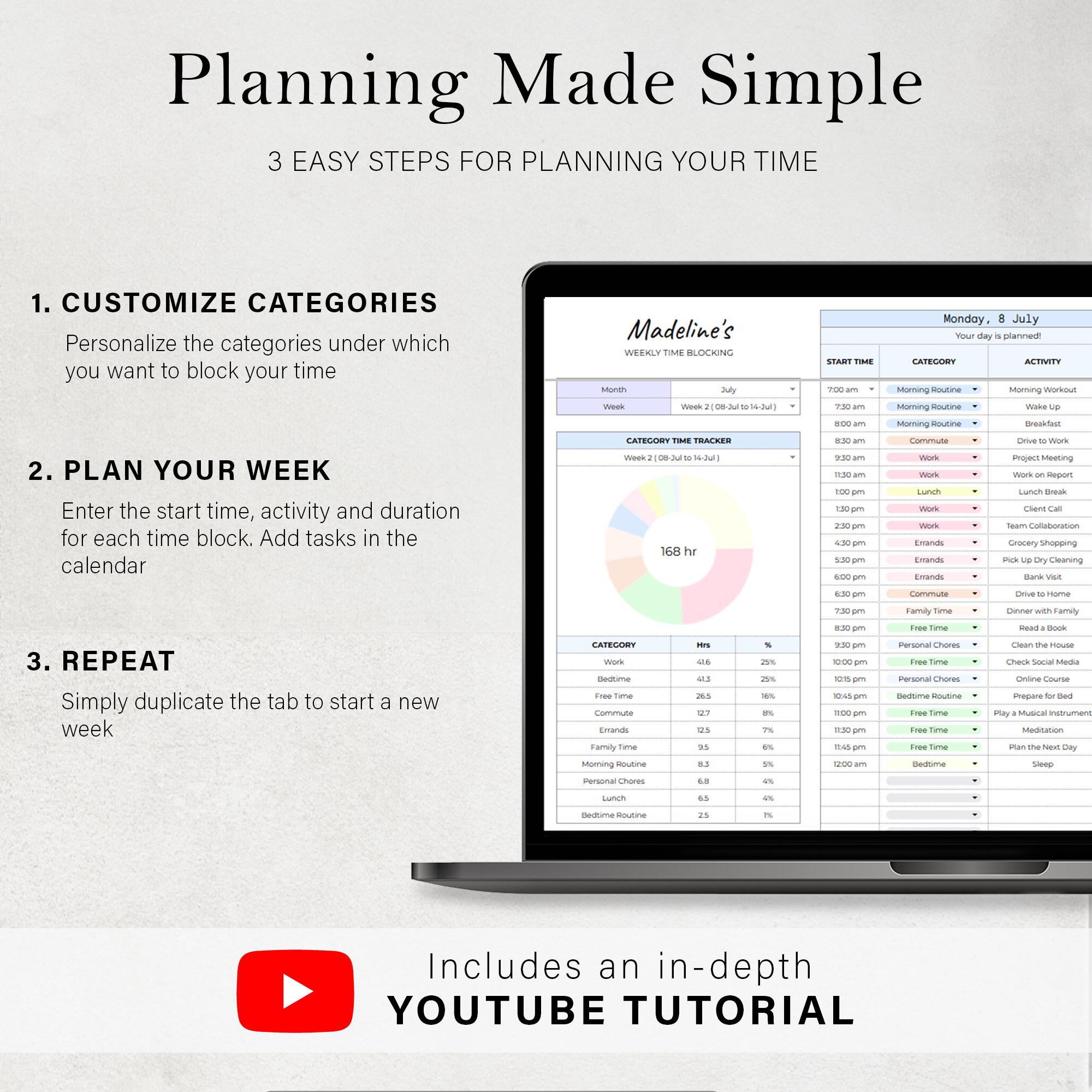 Weekly Time Blocking Planner Spreadsheet 24 Hour Weekly Schedule ...