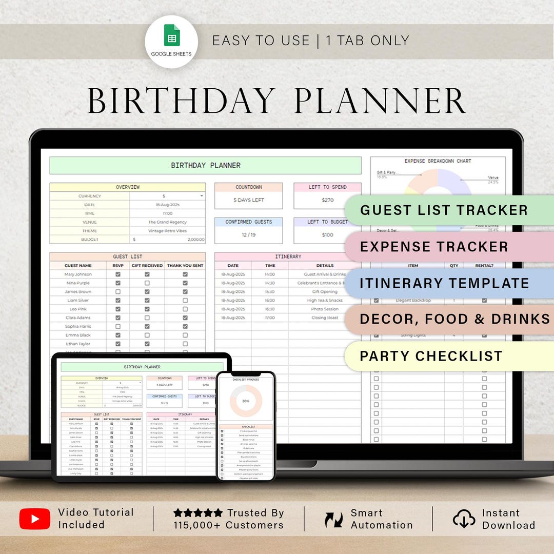Birthday Party Planner Digital Birthday Planning Spreadsheet Template ...