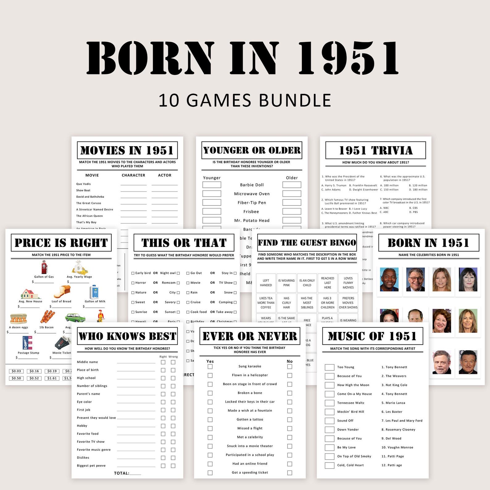75th Birthday Games Bundle 75th Birthday Party Games 1951 Trivia Born ...