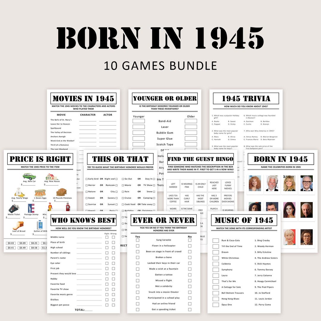 80th Birthday Games Bundle 80th Birthday Party Games 1945 Trivia Born ...