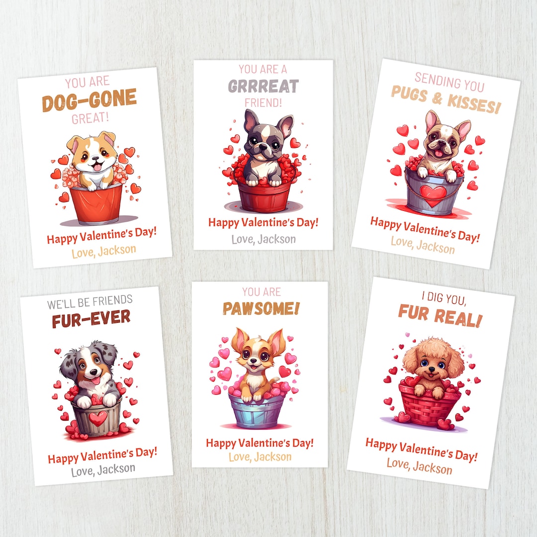 Dog Valentine's Day Cards Puppy Valentines Cards Kids Classroom Cute ...