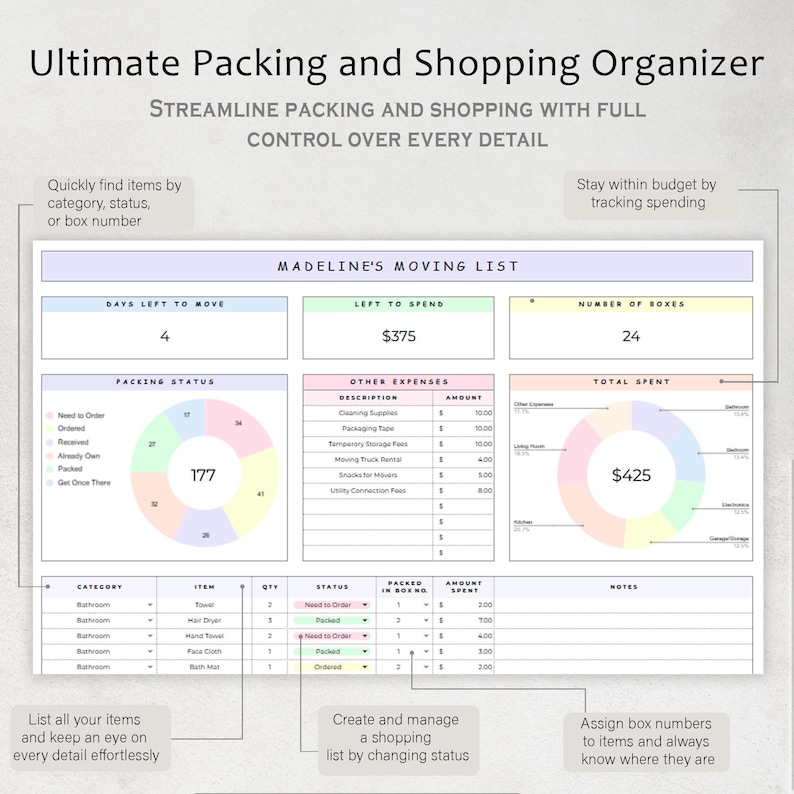 Moving Planner Moving Checklist Spreadsheet Packing Box Inventory ...
