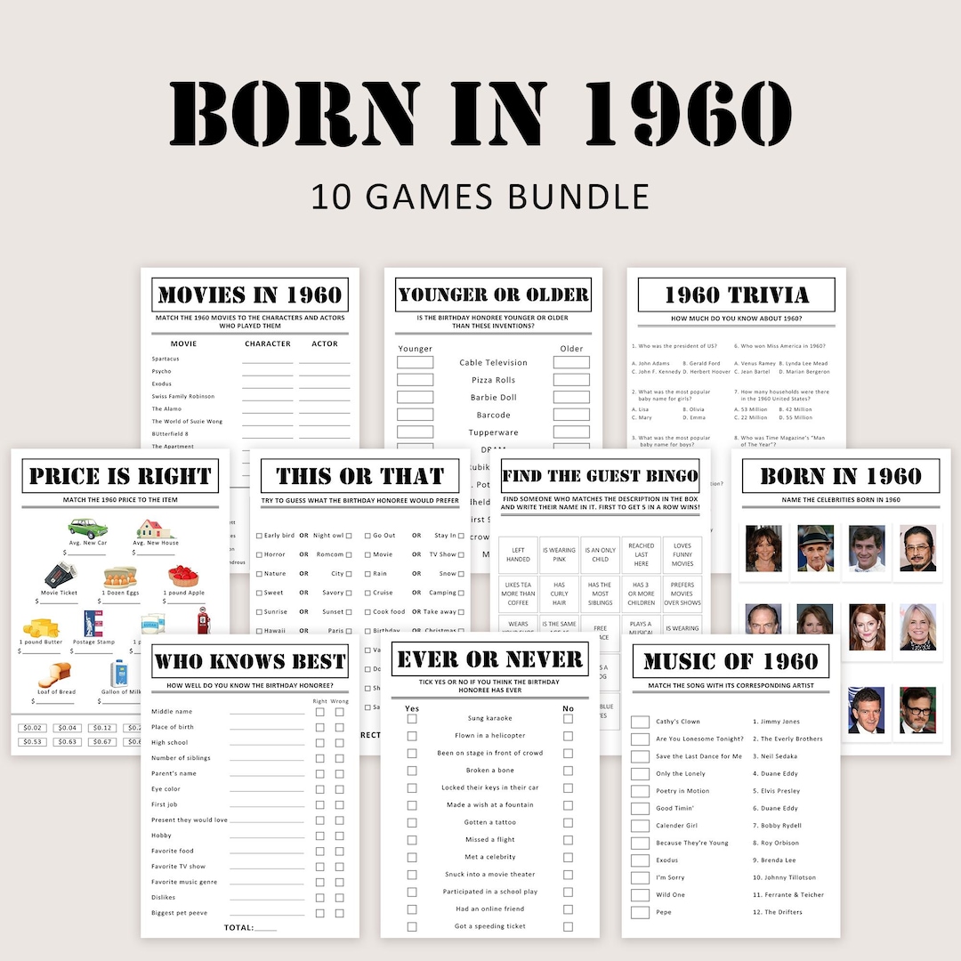 65th Birthday Games Bundle 65th Birthday Party Games 1960 Trivia Born ...