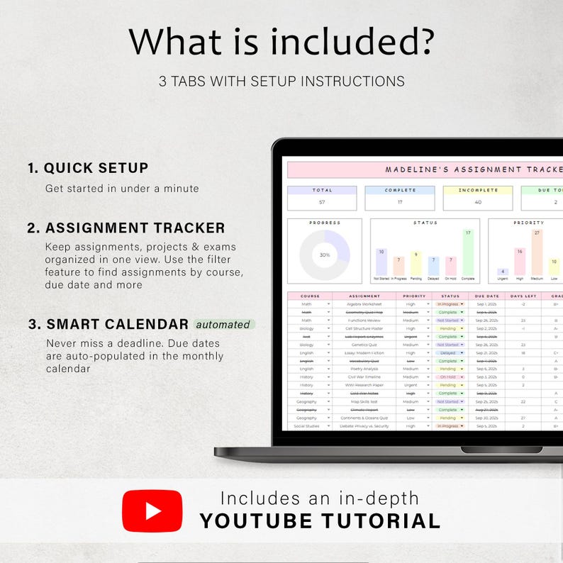 Assignment Tracker Spreadsheet Student Planner Template Academic Study ...