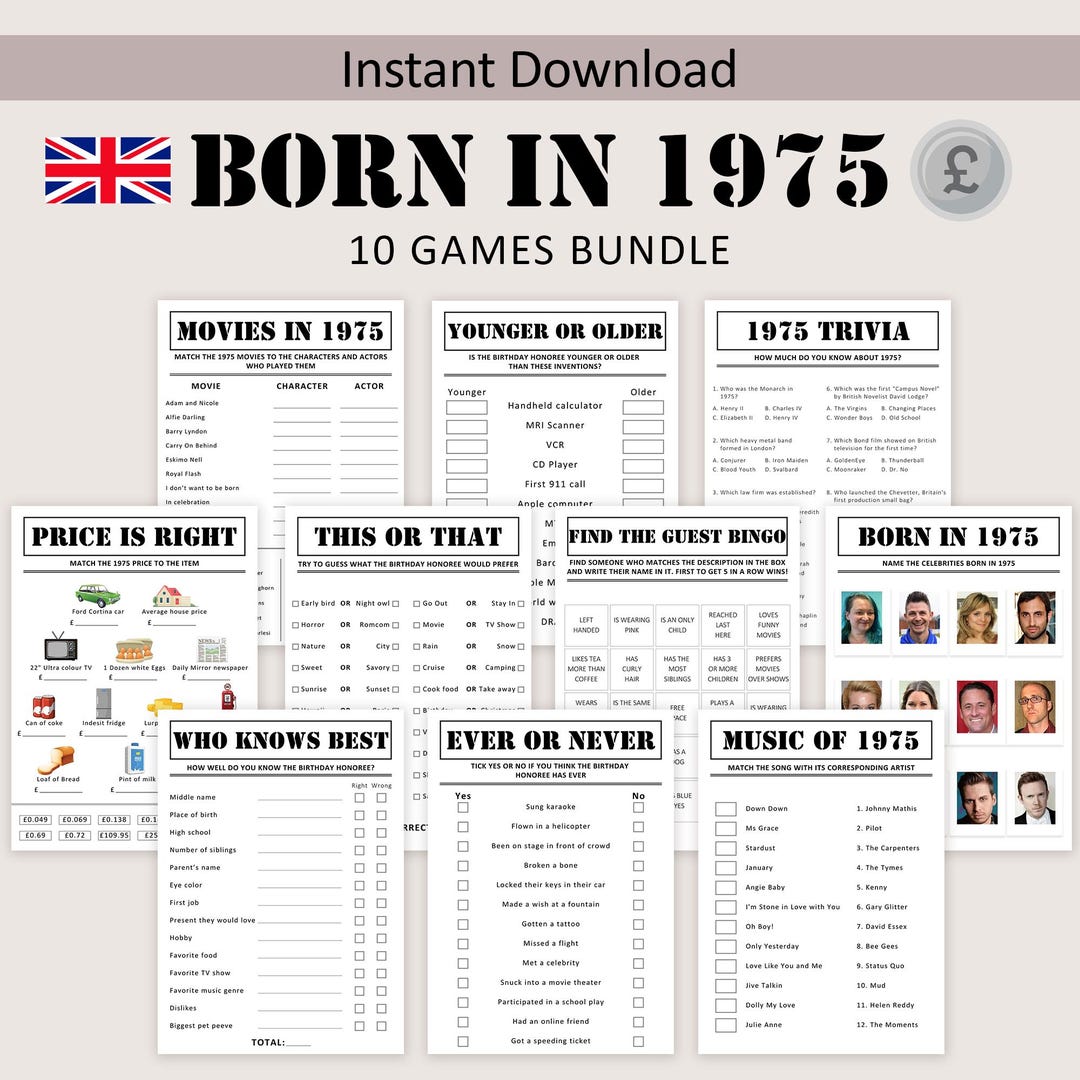 50th Birthday Games UK Bundle British 50th Birthday Party Game 1975 ...