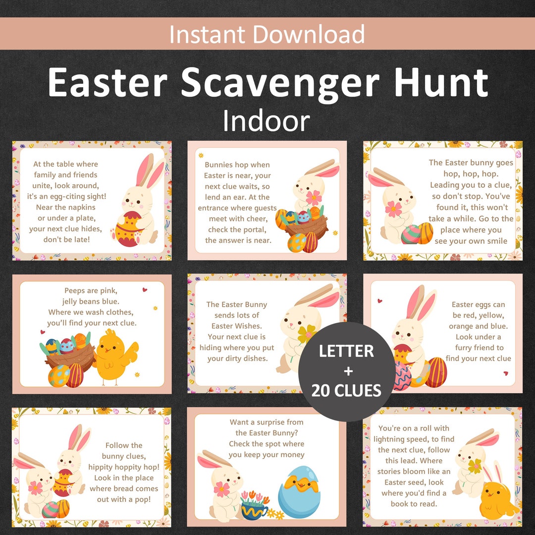 Easter Treasure Hunt for Kids Easter Egg Hunt Clues Indoor Easter Bunny ...