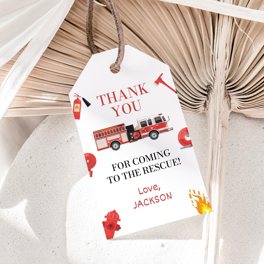 Firetruck Thank You Tags Fireman Party Favors Fire Fighter Favor Tags ...