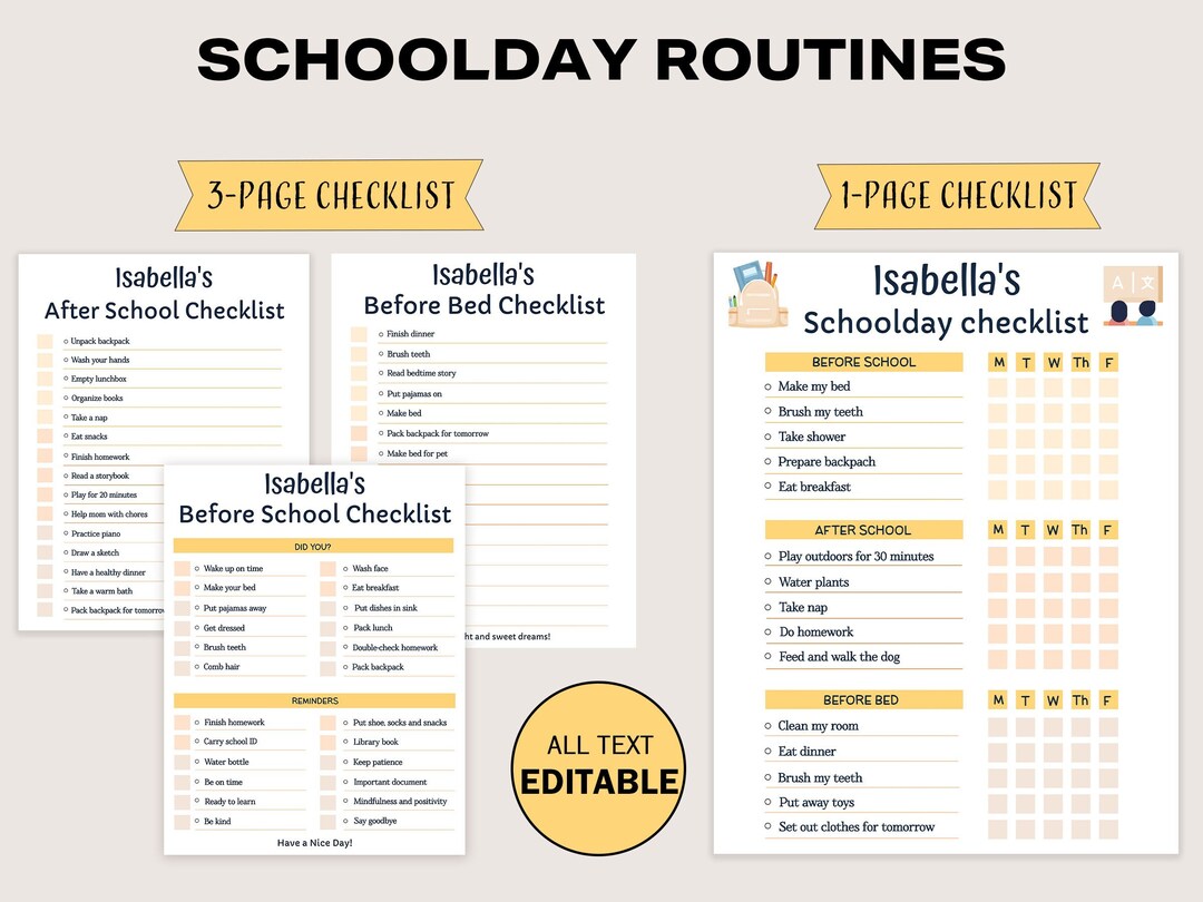 Schoolday Routine Checklist Kids Before School After School Chore Chart ...