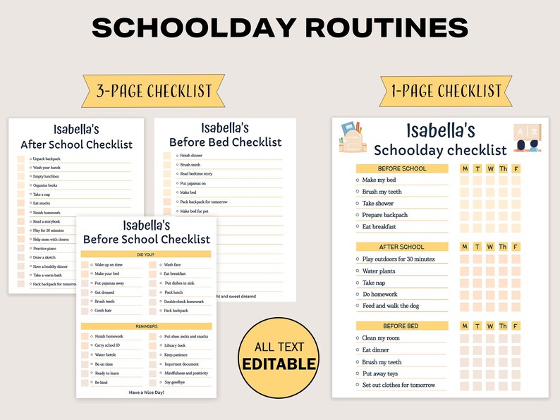 Schoolday Routine Checklist Kids Before School After School Chore Chart ...