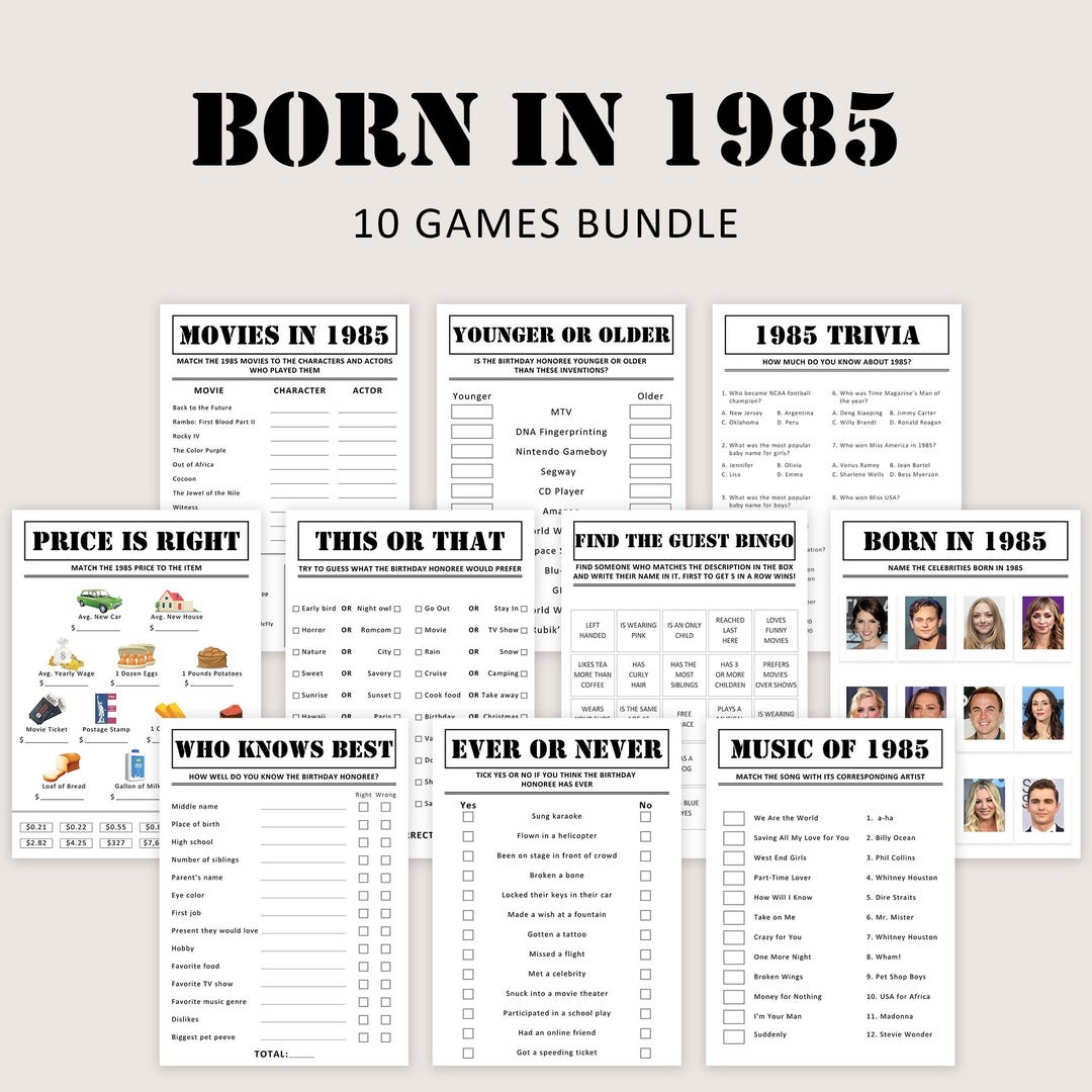 40th Birthday Games Bundle 40th Birthday Party Games 1985 Trivia Born ...