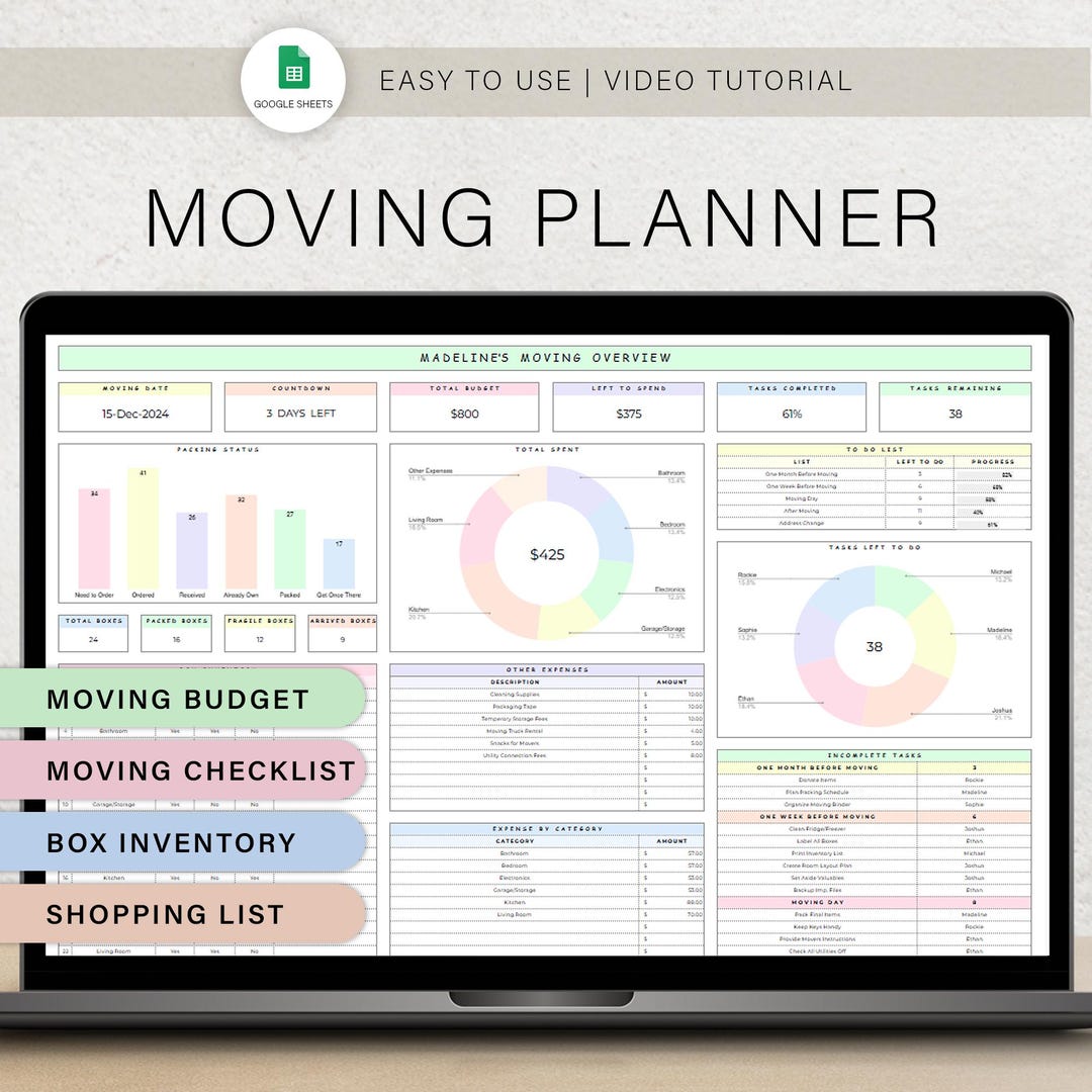 Moving Planner Moving Checklist Spreadsheet Packing Box Inventory Template Home Moving Task ...