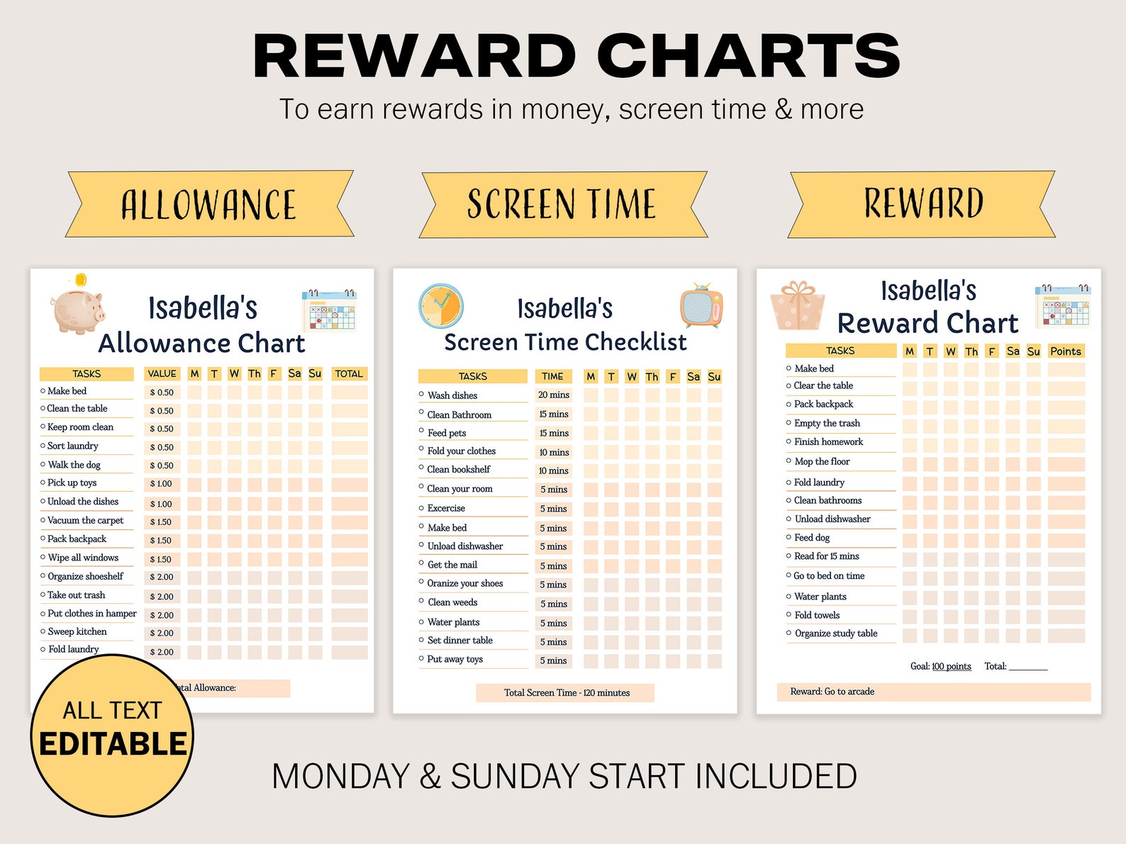Kids Chore Chart Reward Chart Allowance Tracker Screen Time School ...